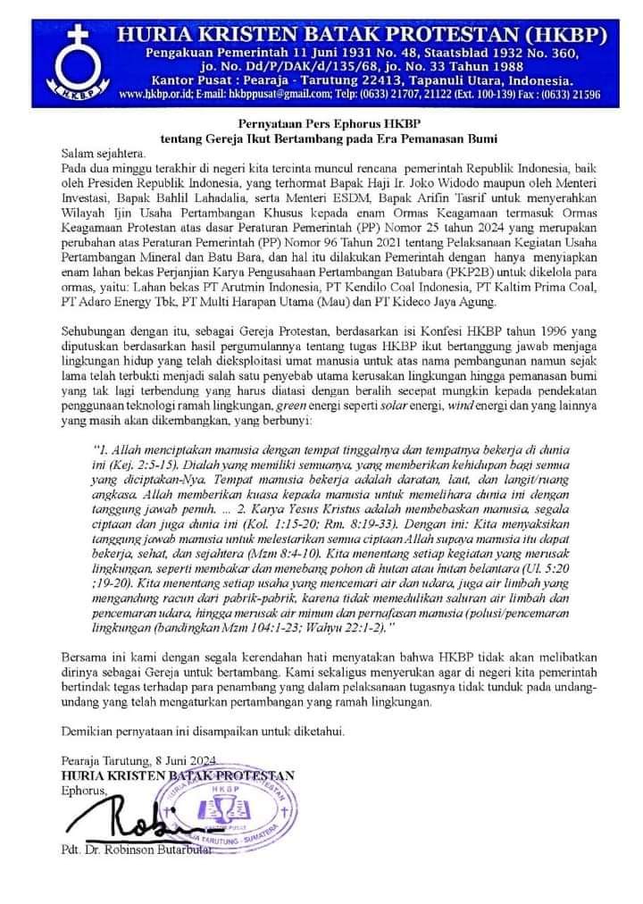 Gereja HKBP Tolak Tawaran Main Tambang Pemerintah Jokowi - SuaraEnergi.com